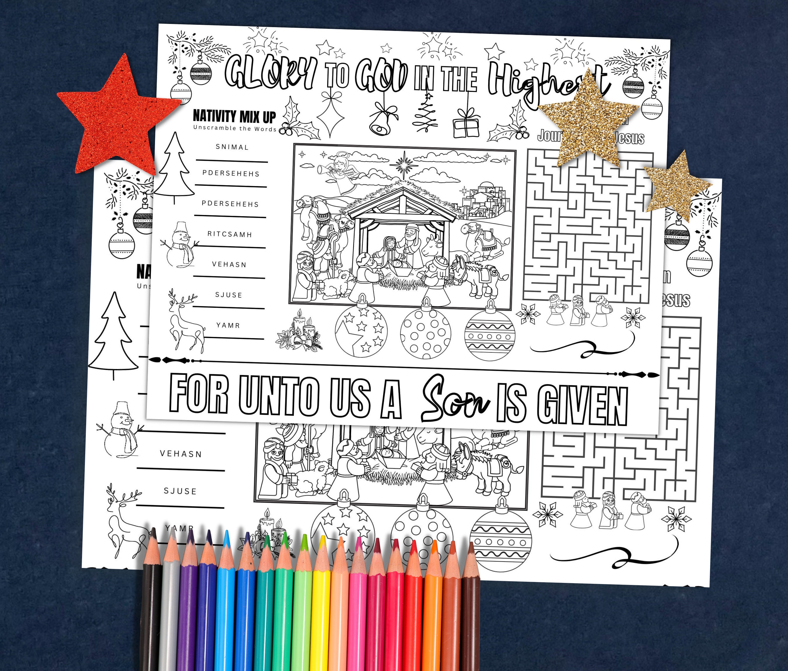 Nativity Christmas Bible Story Scavenger Hunt & Coloring Placemats Kids ...
