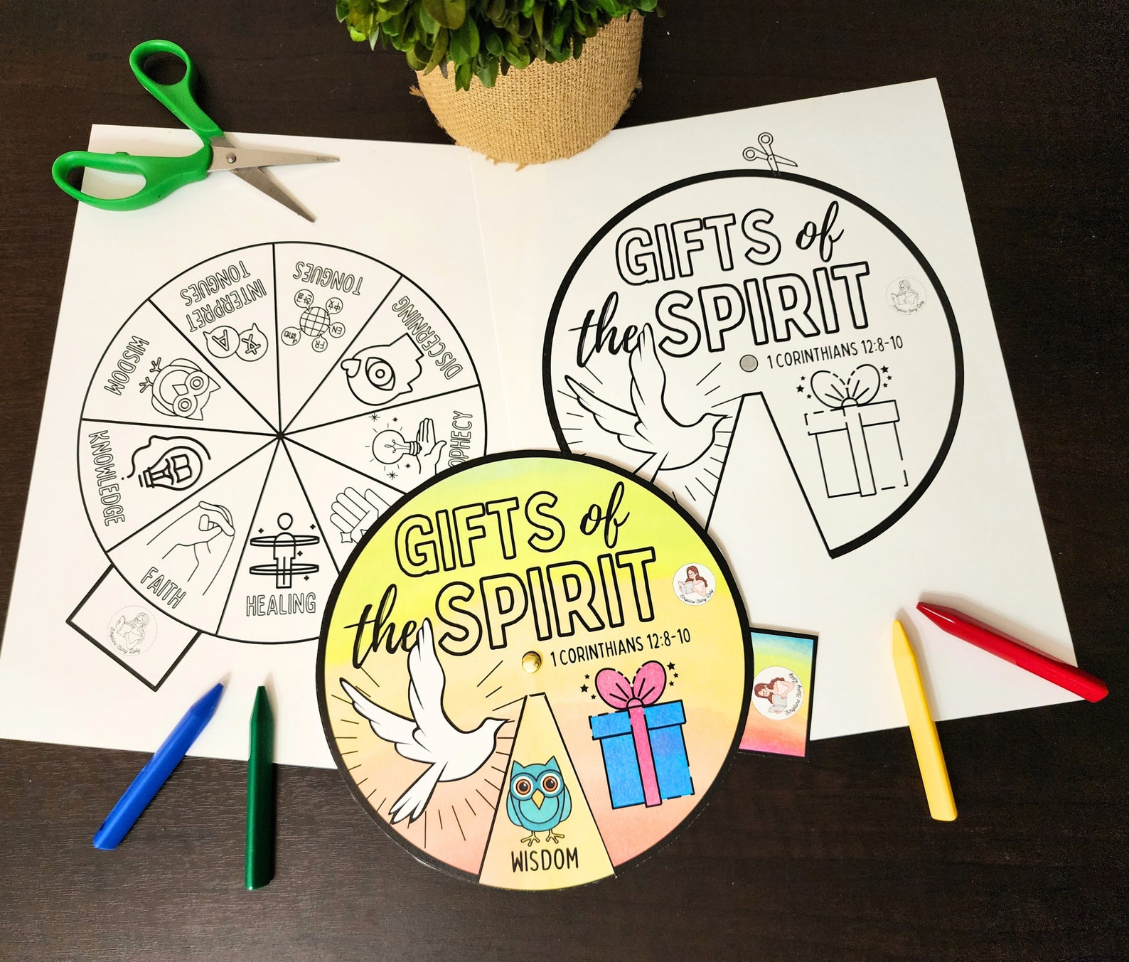 Gifts of Spirit 1 Cor. 12, Kids Bible Craft Spinner Color and B&W ...