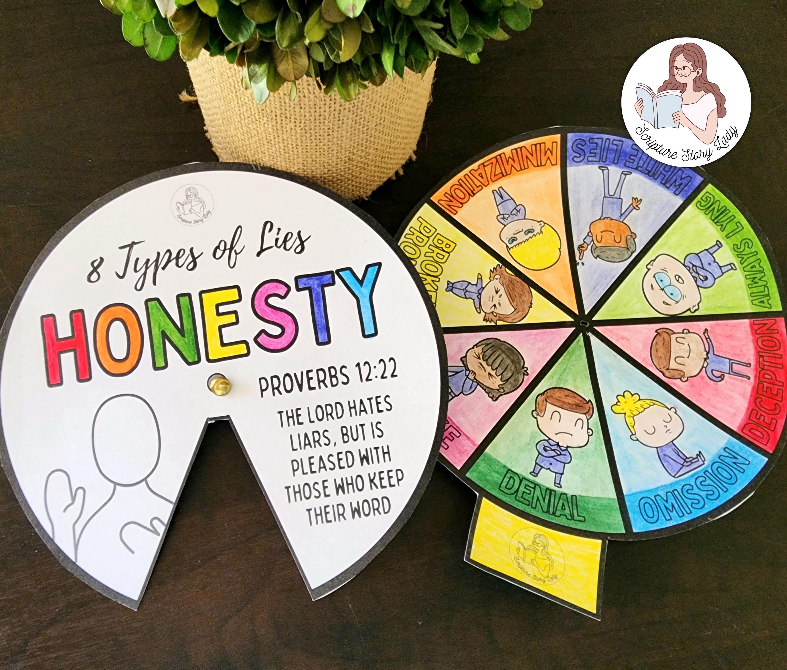 HONESTY & LYING Proverbs 12:22, 8 Types of Lies, Spinner Wheel+coloring ...