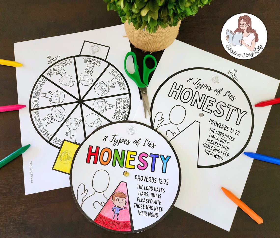 HONESTY & LYING Proverbs 12:22, 8 Types of Lies, Spinner Wheel+coloring ...