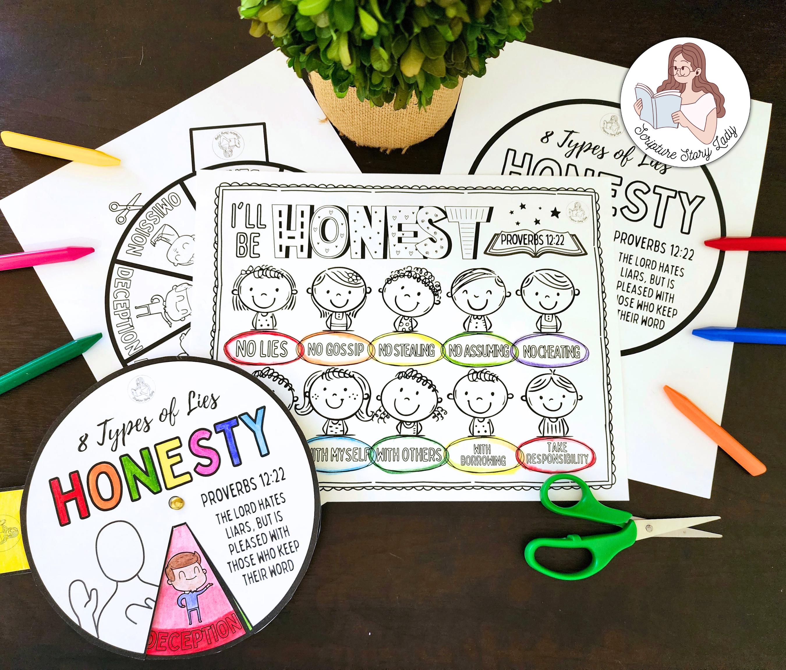 HONESTY & LYING Proverbs 12:22, 8 Types of Lies, Spinner Wheel+coloring ...