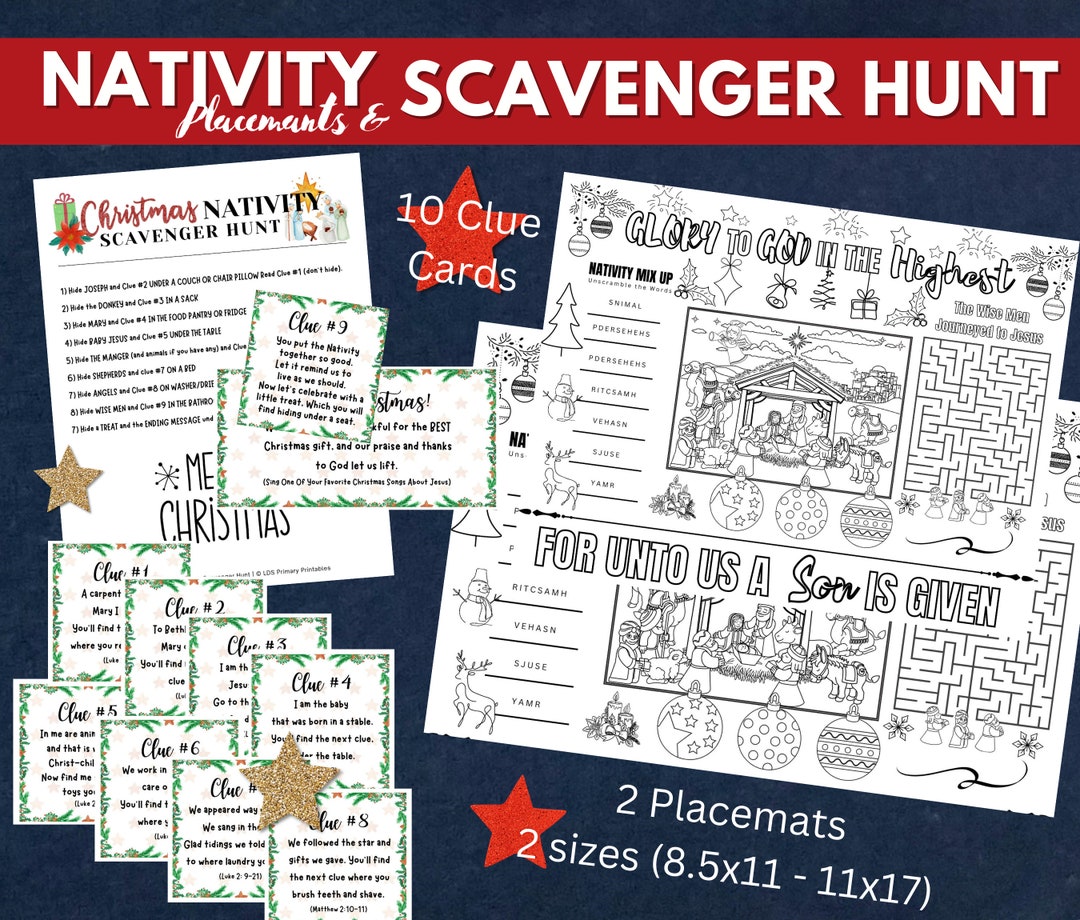Nativity Christmas Bible Story Scavenger Hunt & Coloring Placemats ...