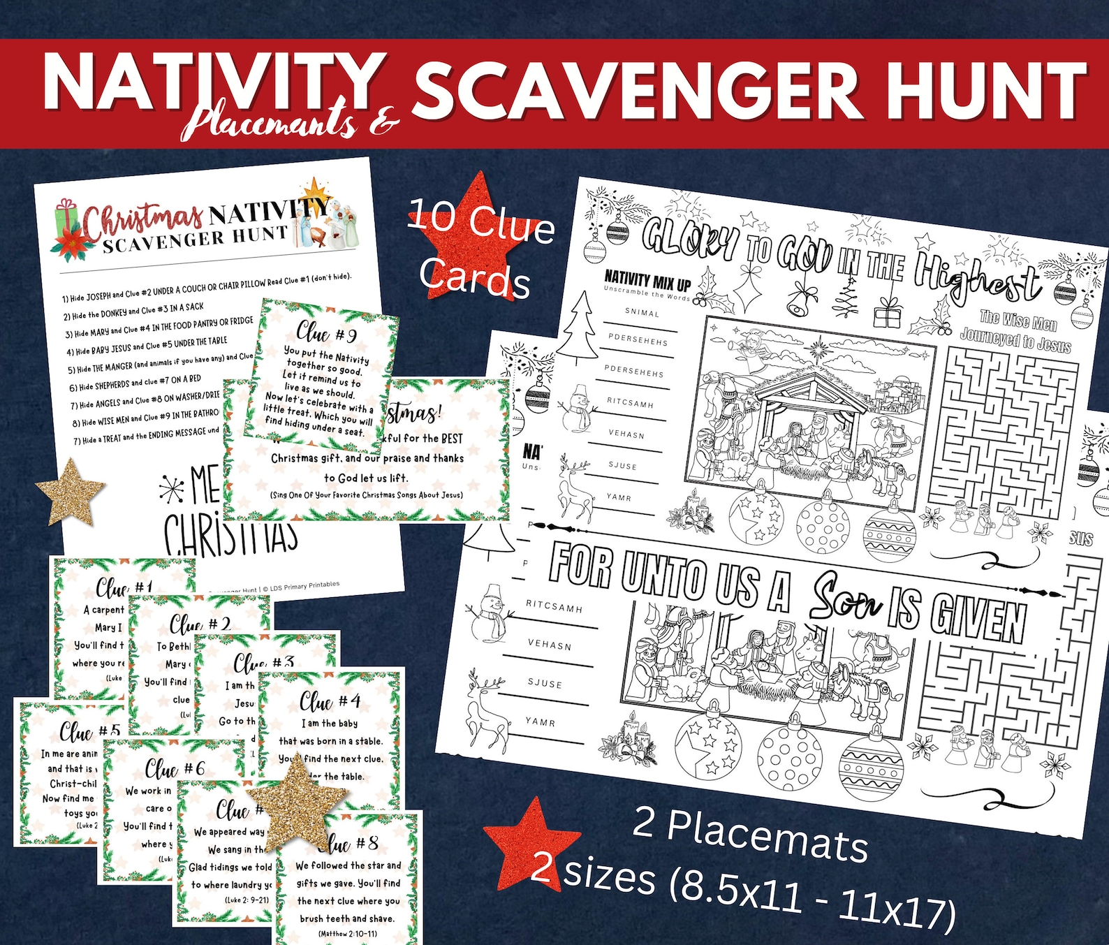 Nativity Christmas Bible Story Scavenger Hunt & Coloring Placemats ...