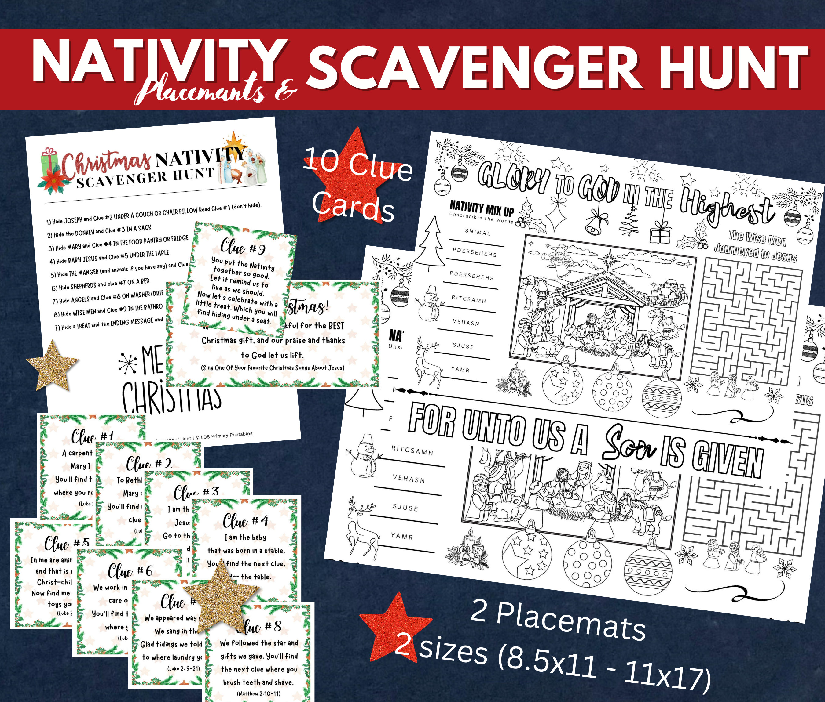 Nativity Christmas Bible Story Scavenger Hunt & Coloring Placemats ...