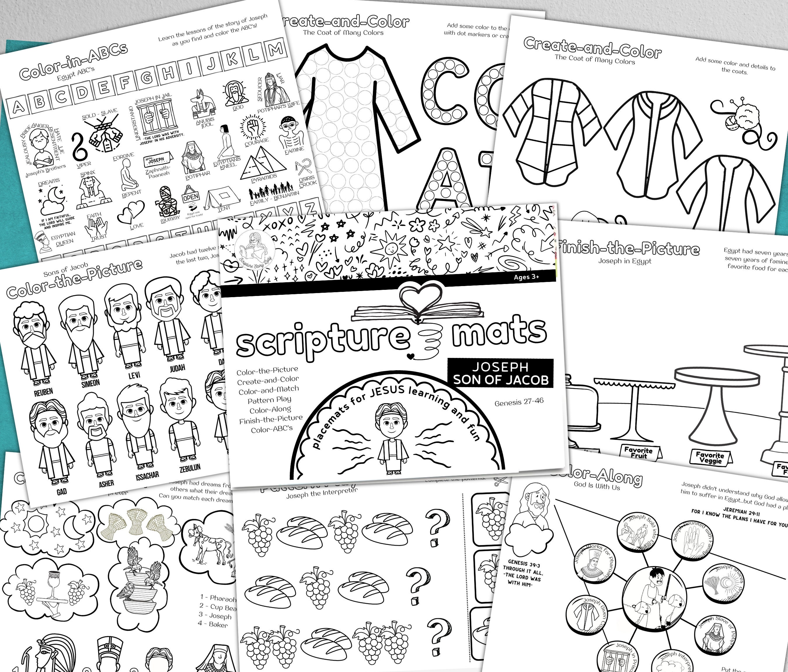 Joseph in Egypt 9 Scripture Activity Place Mats 12 Sons of Jacob Coat ...