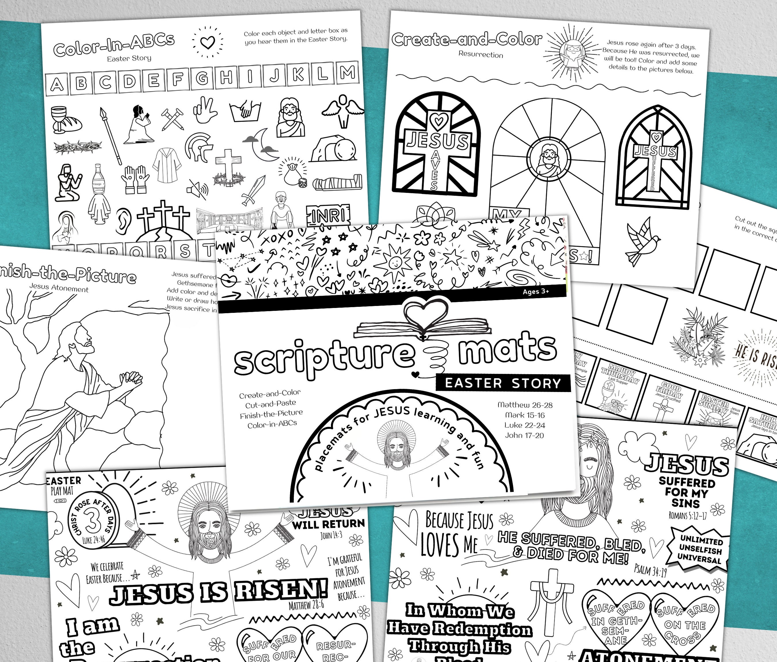 Easter Jesus 7 Scripture Activity Place Mats, Kids Table Coloring Craft ...