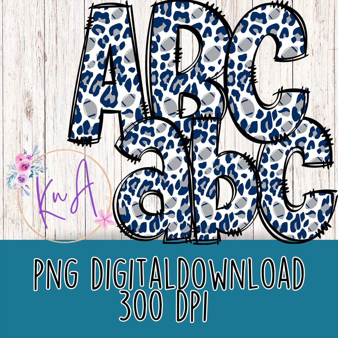 Blue Silver Football Leopard Print Alpha Doodles | Doodle Letters ...