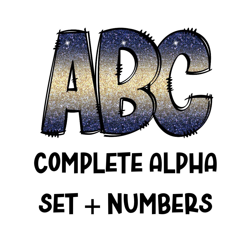 Navy Gold Glitter Alpha Doodles | Doodle Letters | Lowercase, Numbers ...