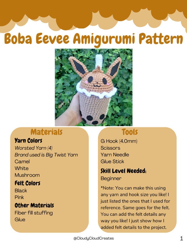 Boba Eevee Crochet Pattern | Beginner Pokemon Amigurumi (digital ...