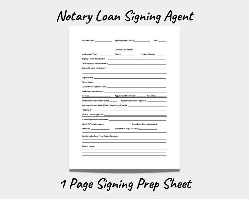 Notary Loan Signing Agent 1 Page Signing Prep Sheet Instant Digital ...