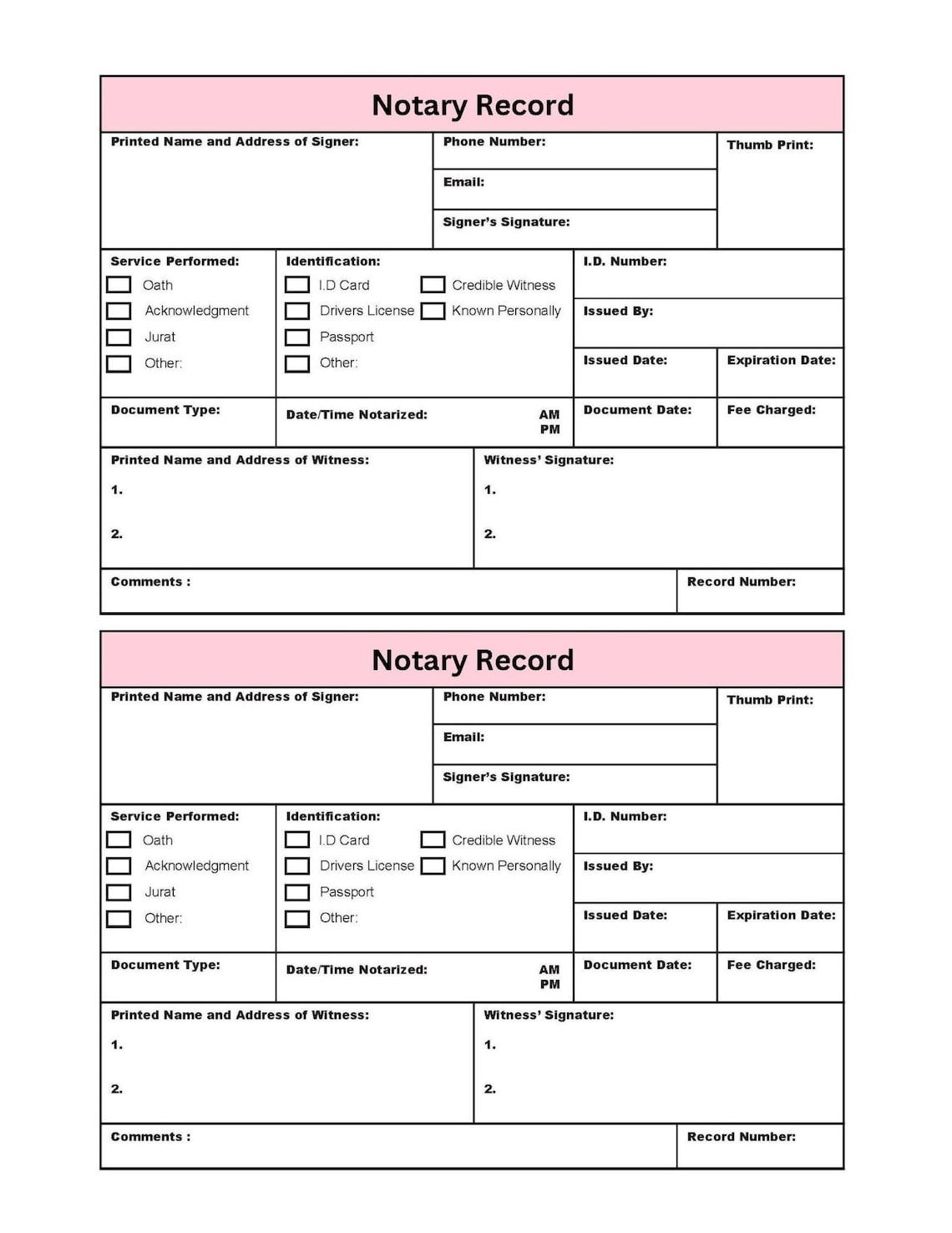 Printable Notary Log Journal: Record Book Template (digital Download ...