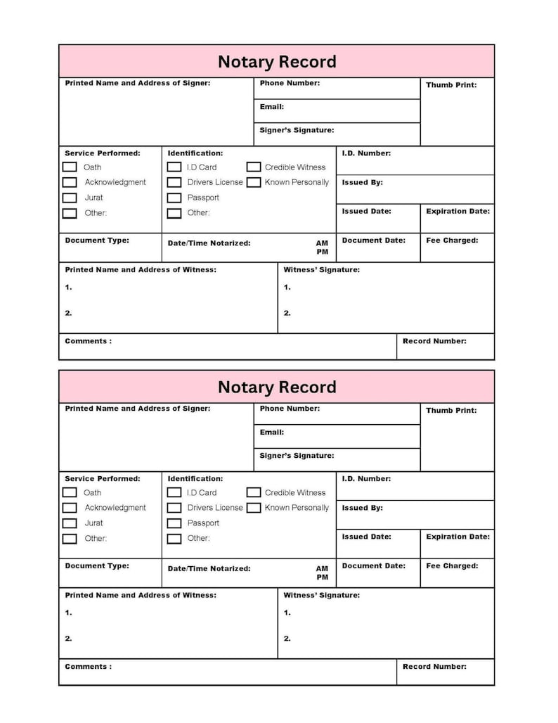 Printable Notary Log Journal: Record Book Template (digital Download ...