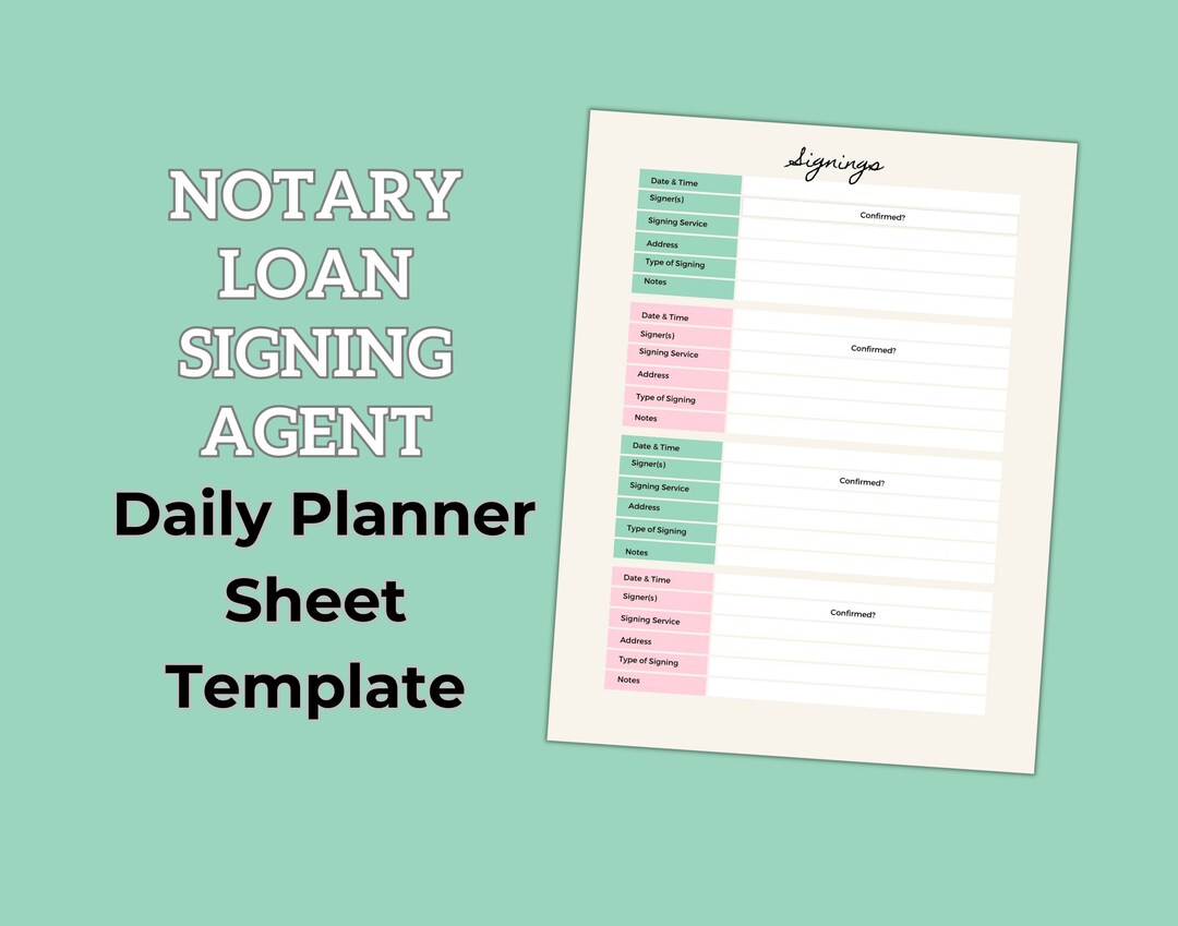 Printable Notary Notary Signing Agent 1 Page Planner Sheet Template ...