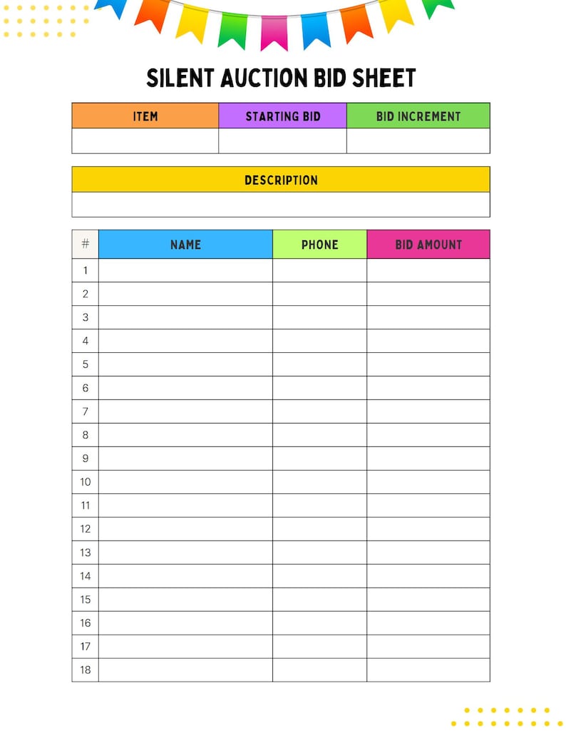 Printable Silent Auction Bid Sheet Template: PDF & Canva (digital ...