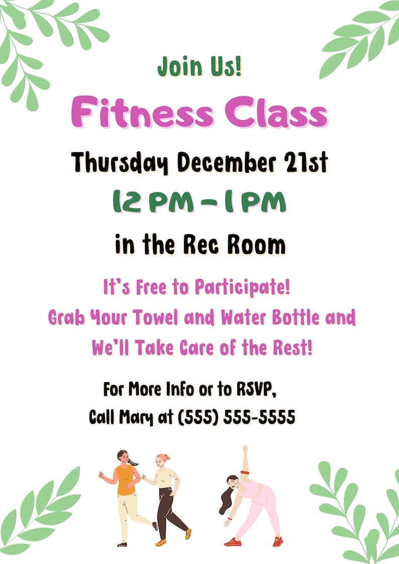Printable Fitness Aerobics Exercise Class Invitation Event Flyer ...