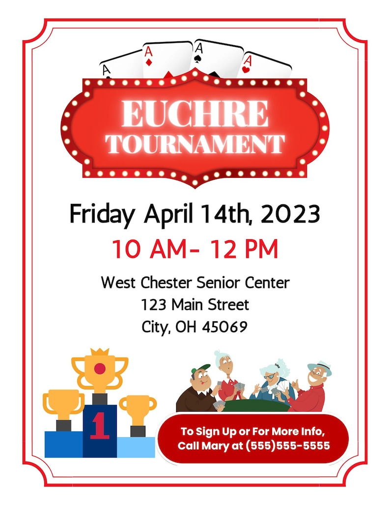 Printable Euchre Tournament Competition Event Flyer Invite Invitation ...