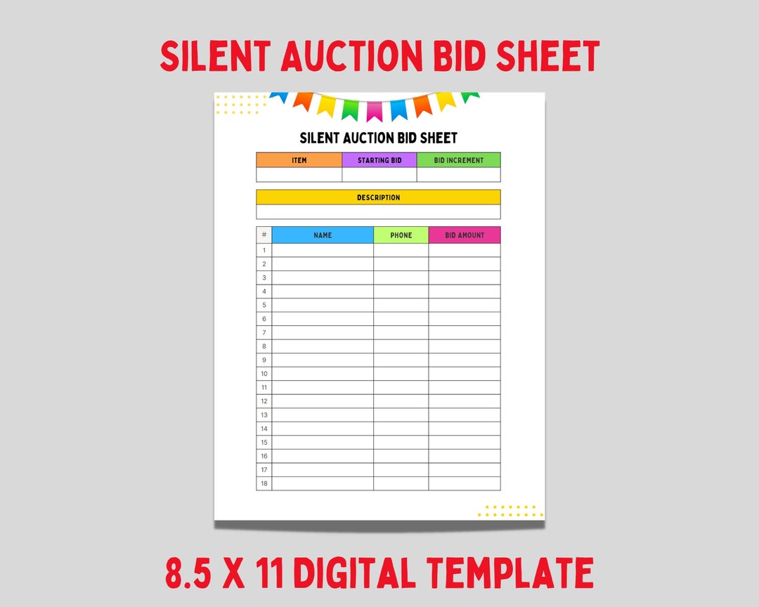 Printable Silent Auction Bid Sheet Event Template Customize - Etsy