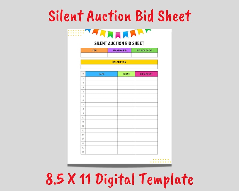 Printable Silent Auction Bid Sheet Template: PDF & Canva (digital ...
