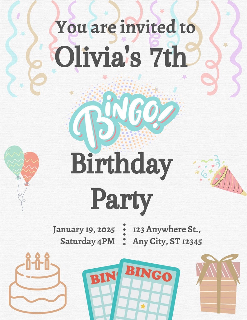 Printable Birthday Bingo Party Invite Invitation Event Flyer Template ...