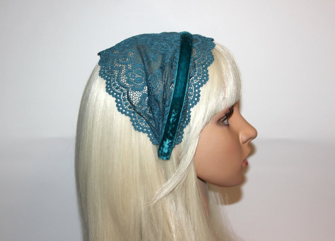 Dark Teal Blue Lace Headband, Christian Veil, Structured Head Cover, 6 ...