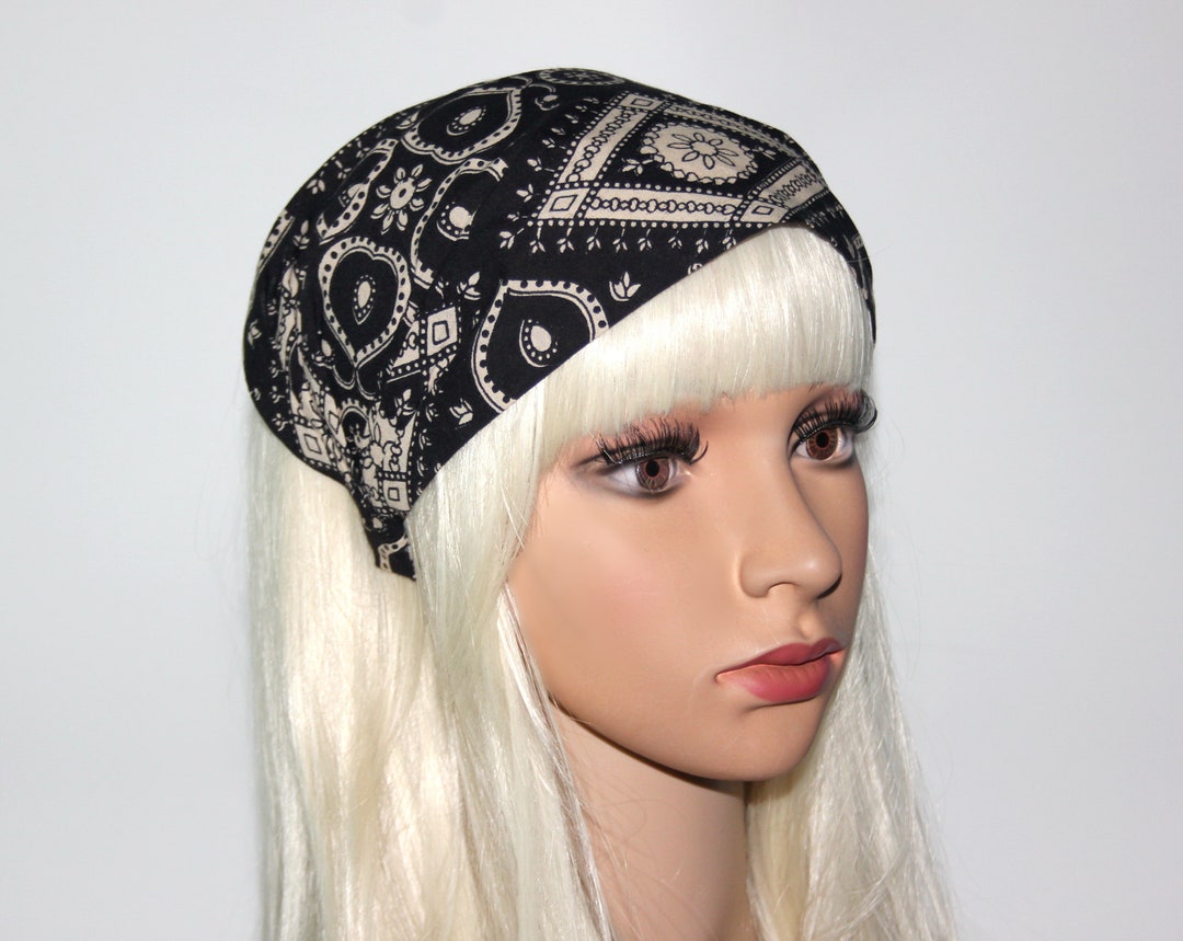 Black&beige Bandana Headband Cotton Print Hair Scarf, 6"-10" Inch Extra ...
