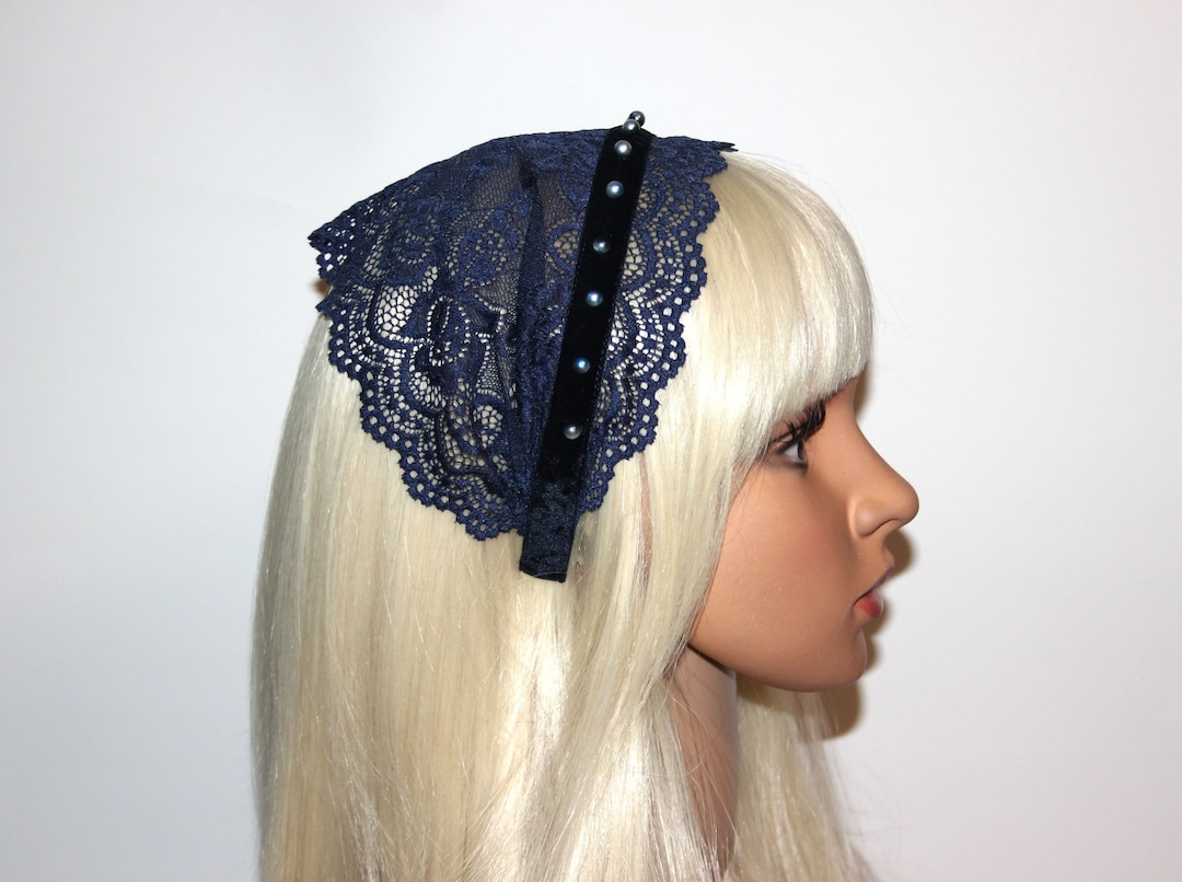 Dark Blue Lace Headband, Christian Beaded Veil, Structured Head Cover ...