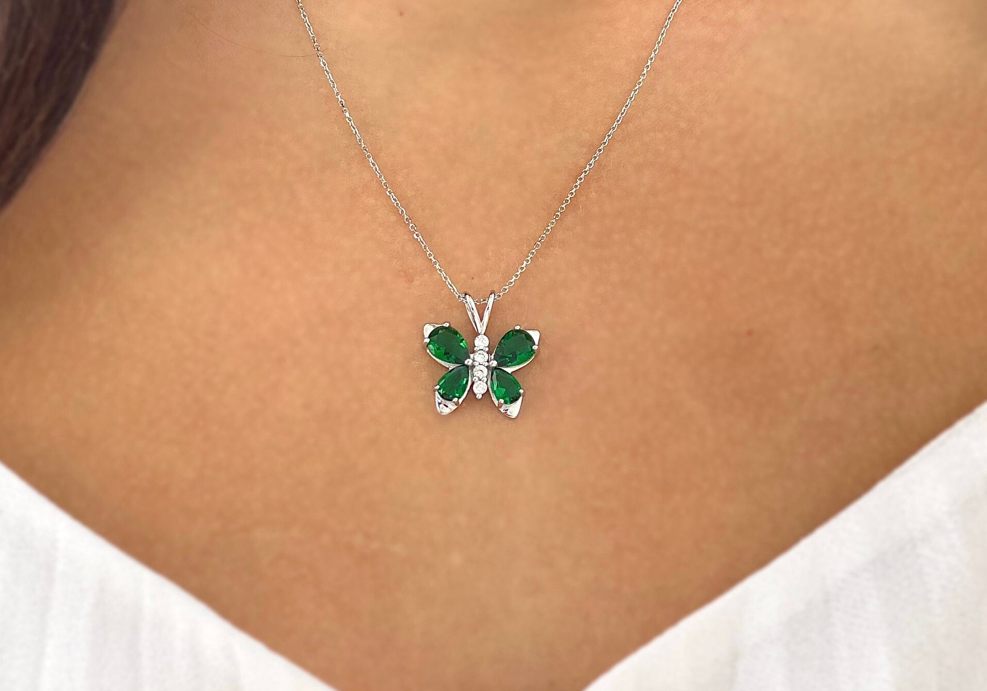 Emerald Butterfly Necklace. Natural Stone Butterfly Pendant With Cubic ...