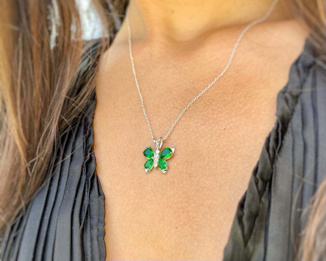 Emerald Butterfly Necklace. Natural Stone Butterfly Pendant With Cubic ...