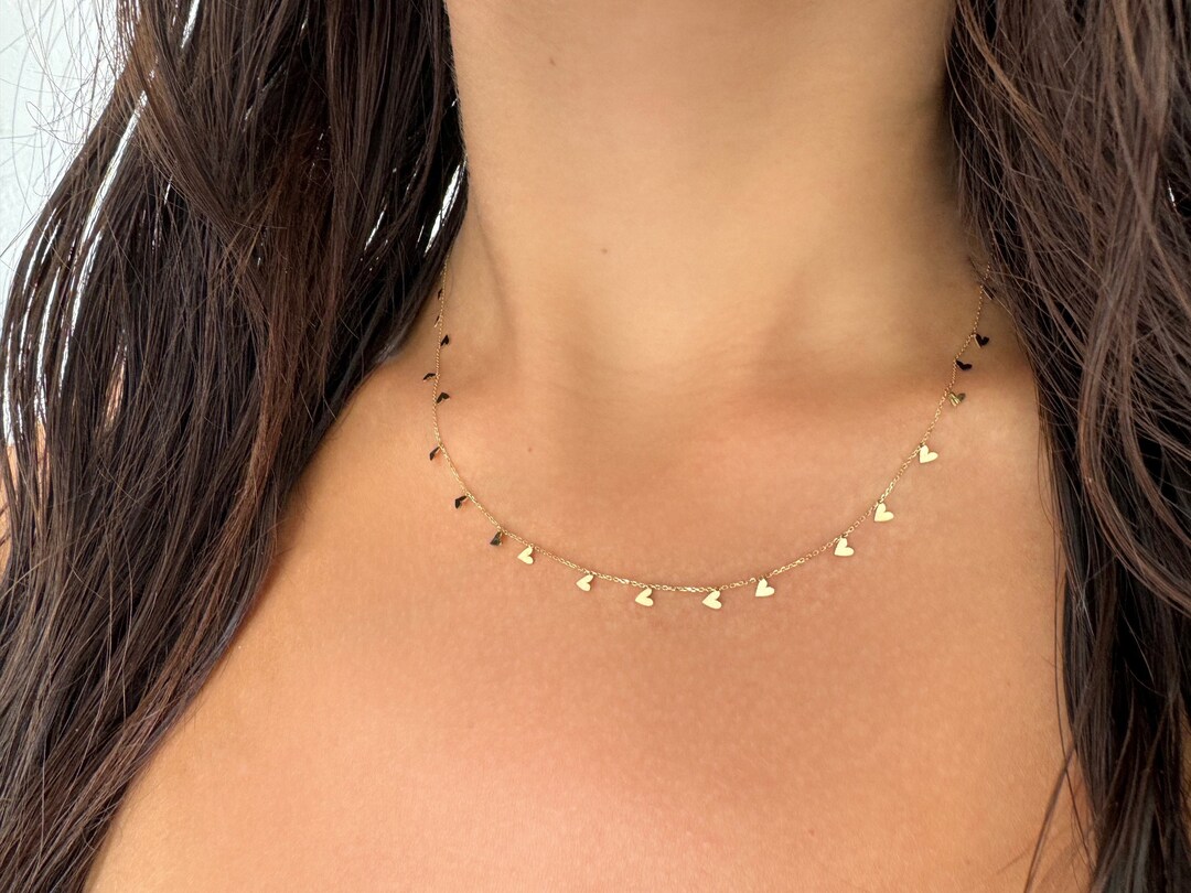 14K Yellow Gold Necklace, Multi-heart Pendant. Real Gold Necklace ...