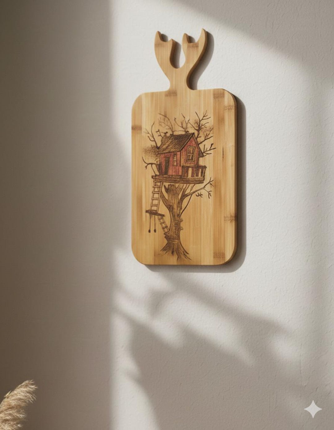 Treehouse Wood Wall Art, Hand Painted Bamboo Decor, Whimsical Forest ...