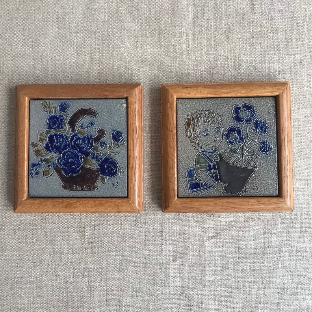 Set of 2 Vintage Glazed Ceramic Tiles Wall Art Framed Wall Hanging ...
