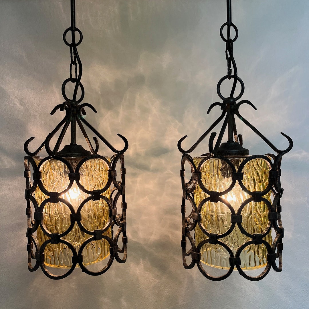 Set of 2 Vintage Wrought Iron Lights With Light Amber Tinted Textured ...