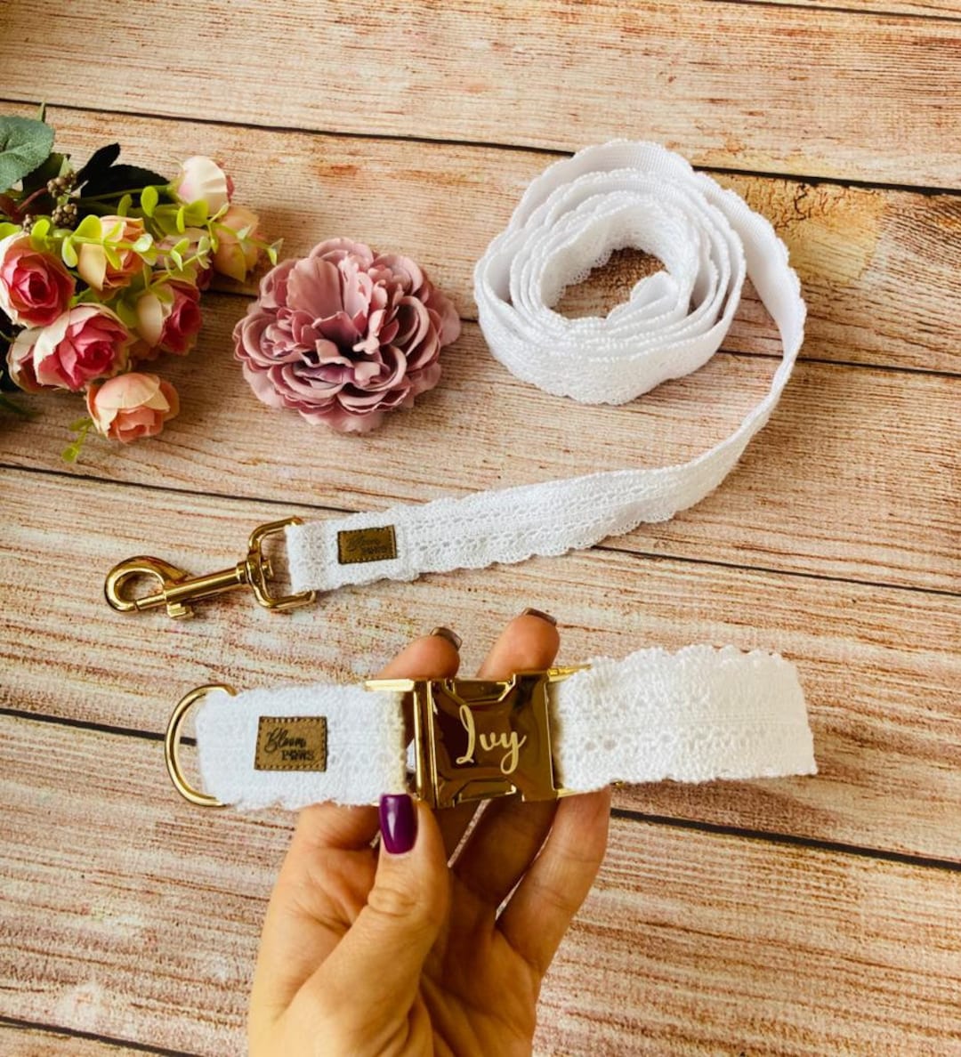Personalized Wedding Dog Collar and Leash Set, White Lace Dog Collar ...