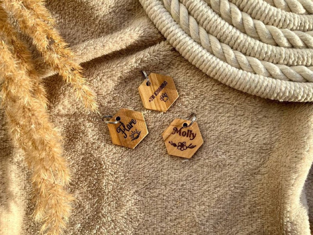 Wooden Pet ID Tag Hexagon Shape, Personalized Dog Tag, Silent Pet Tag ...