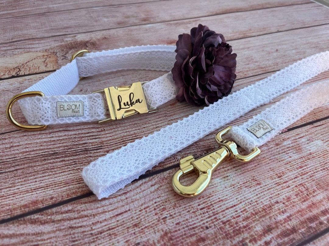 White Lace Wedding Dog Collar and Leash Set: Personalized Gold Hardware ...