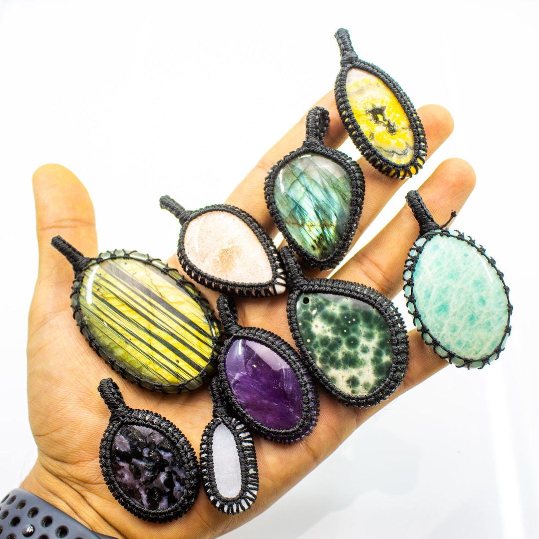 Natural Stone With Macrame Necklaces Pendants, Handmade Necklace ...