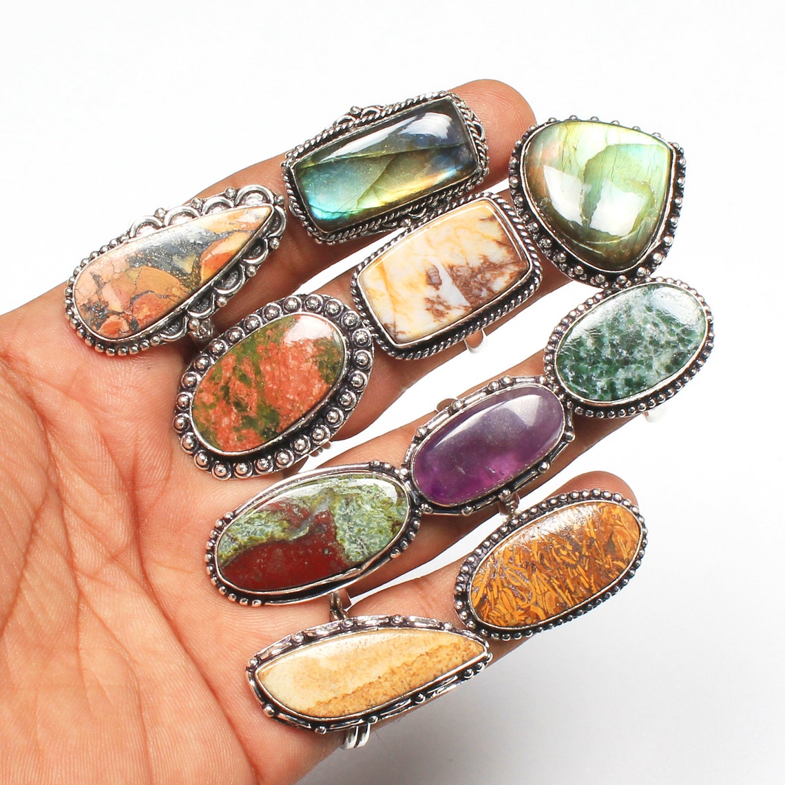 Natural Assorted Gemstone Rings for Her German Silver Rings - Etsy