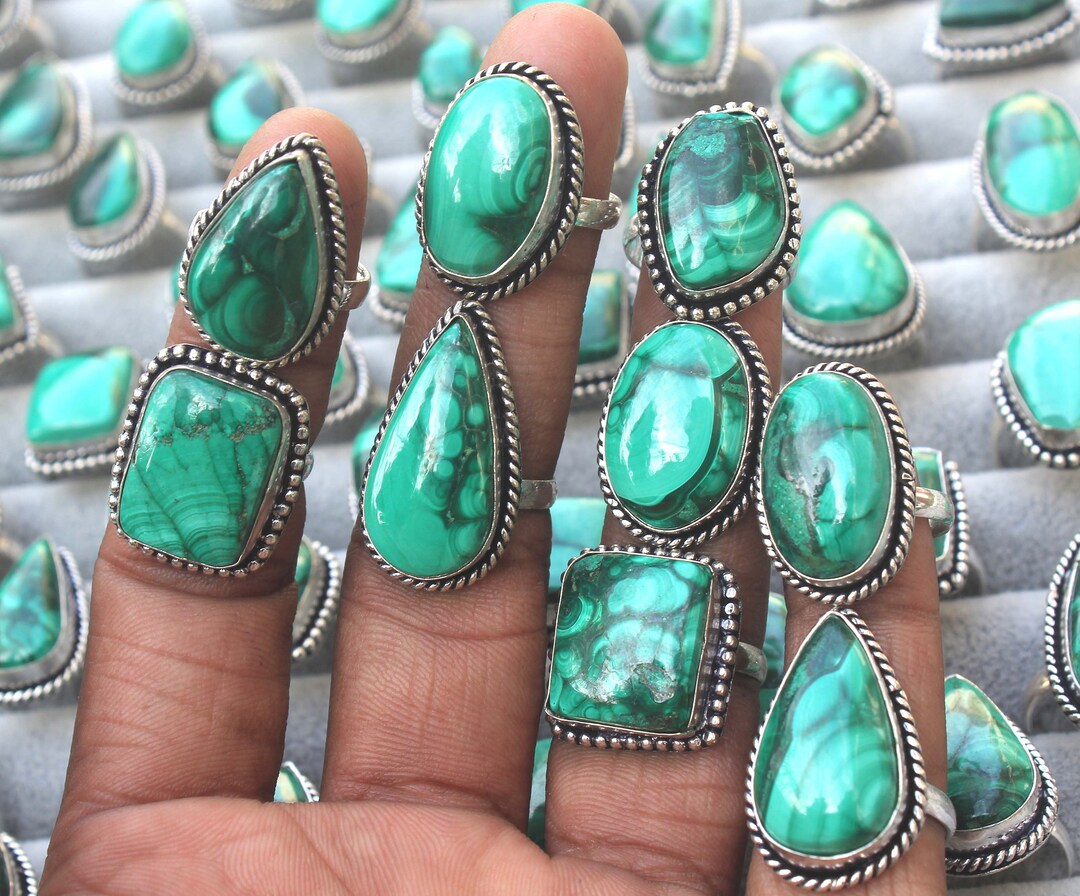 Natural Malachite Crystal Rings for Women, Silver Overlay Malachite ...