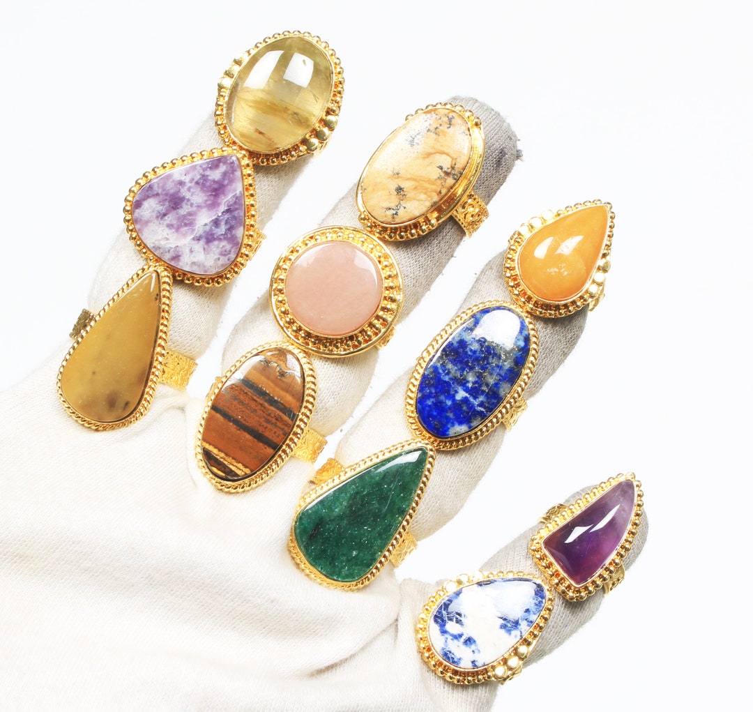 Gold Plated Multi Color Rings Natural Assorted Crystal Handmade Rings ...