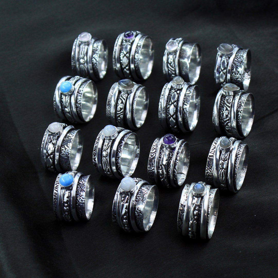 Crystal Spinner Rings, Bohemian Handmade Spinner Rings Lot, Silver ...