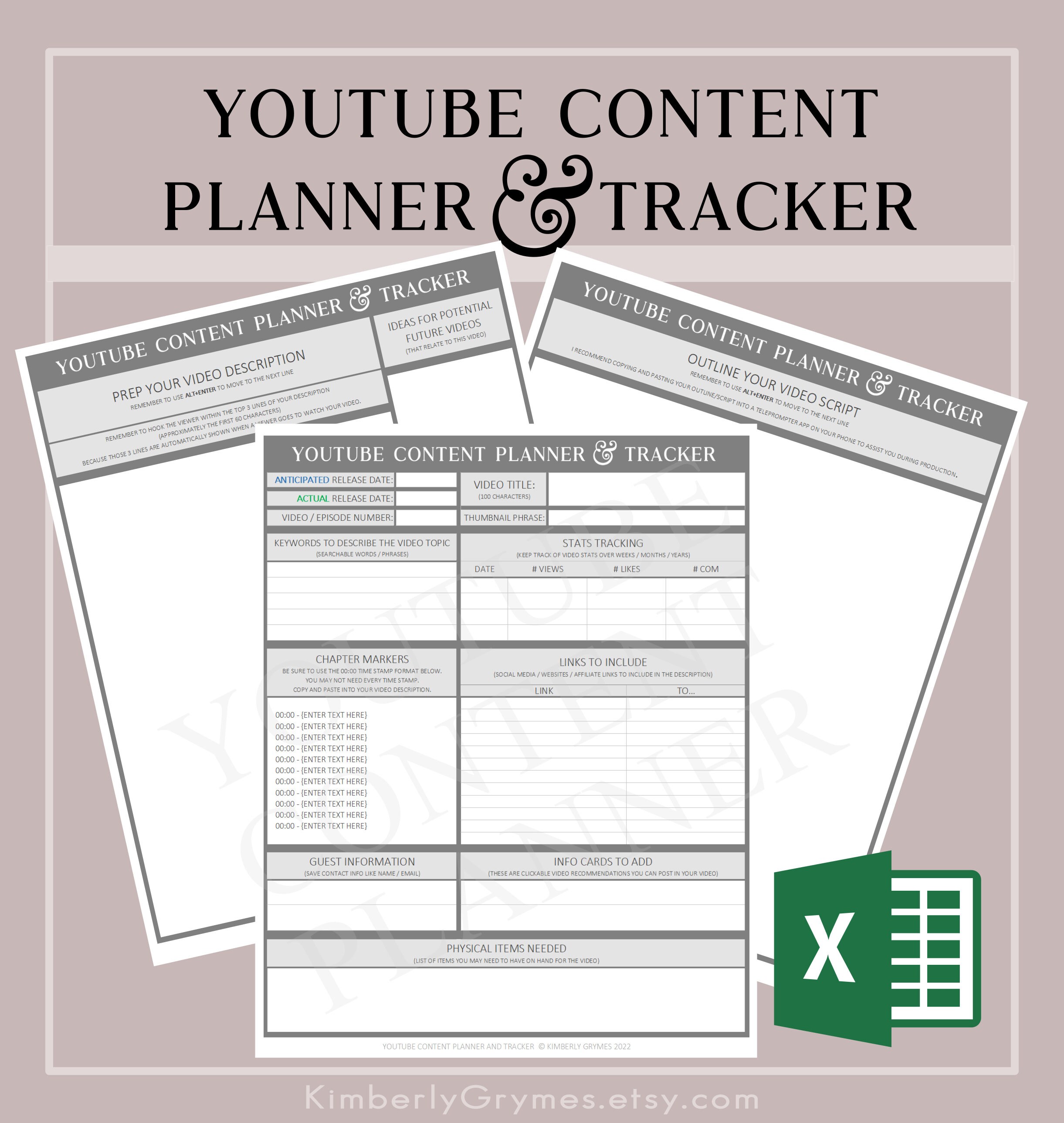Youtube Content Planner and Tracker | Excel Worksheet Digital Download ...