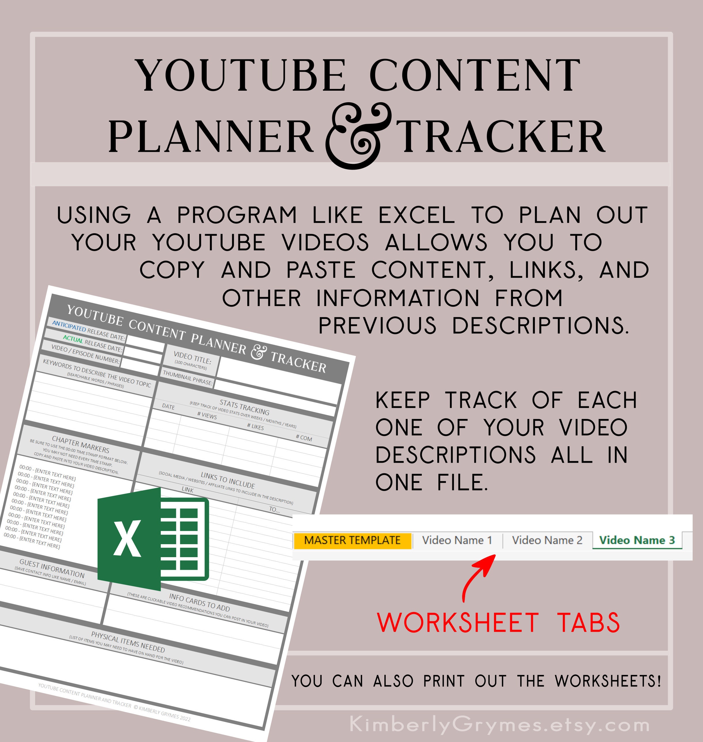 Youtube Content Planner and Tracker | Excel Worksheet Digital Download ...