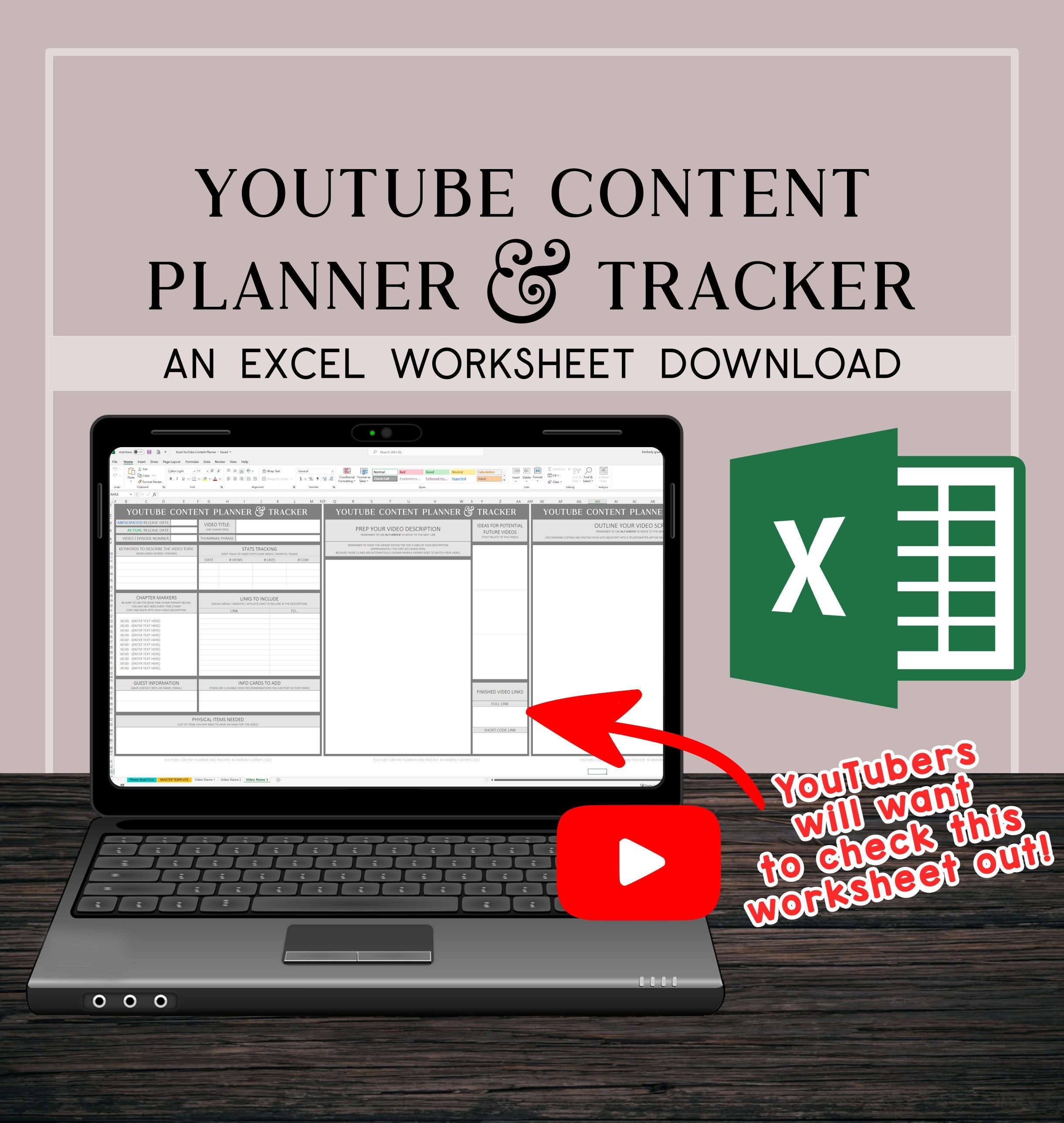 Youtube Content Planner and Tracker | Excel Worksheet Digital Download ...