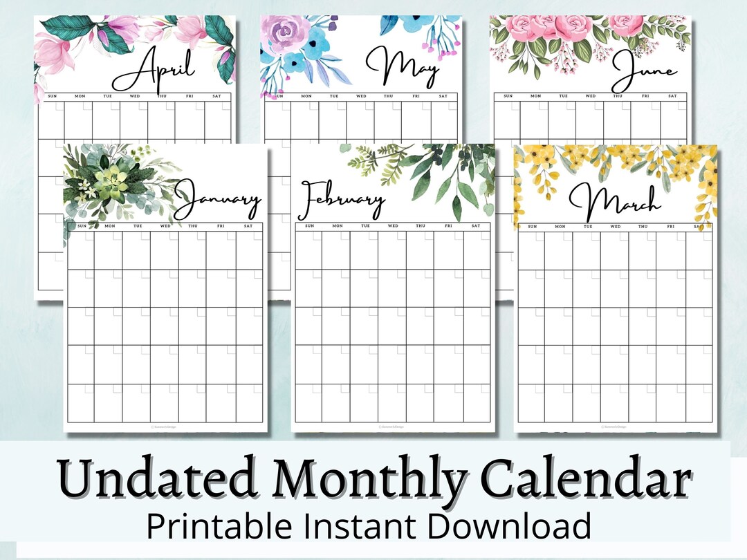 Undated Floral Monthly Planner Printable, Perpetual Calendar, Undated ...