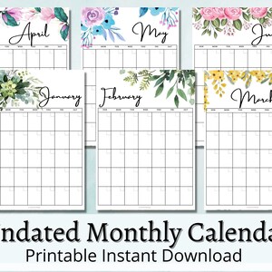 Undated Floral Monthly Planner Printable, Perpetual Calendar, Undated ...
