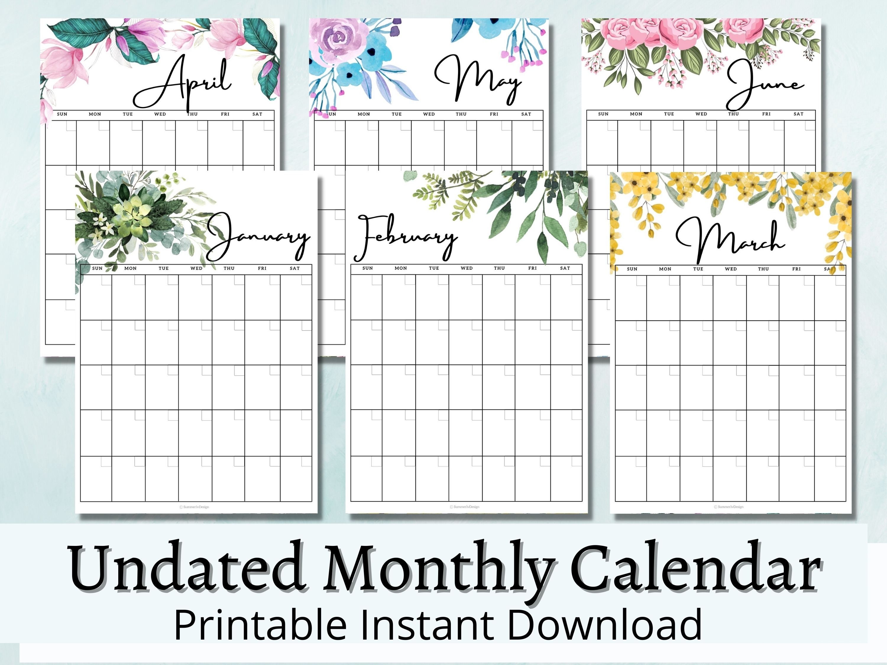 Planificador mensual floral sin fecha imprimible calendario | Etsy