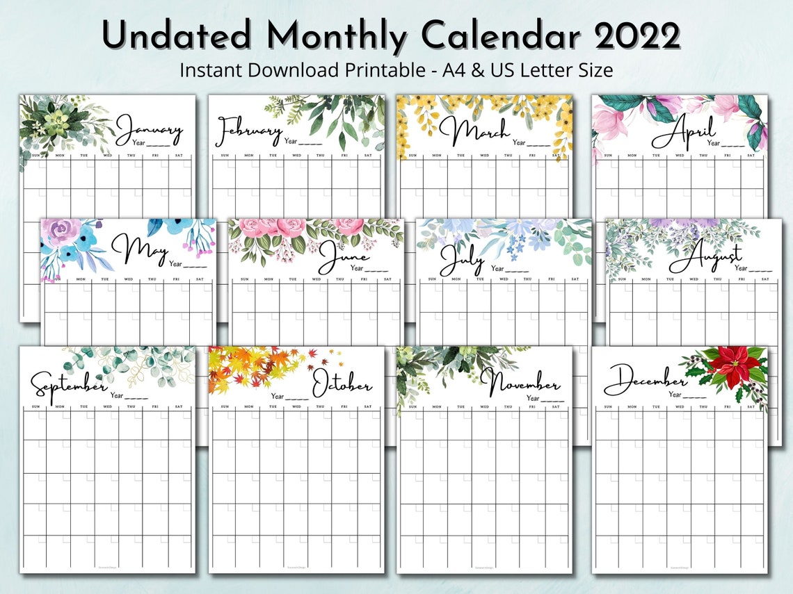 Undated Floral Monthly Planner Printable 2022 Perpetual - Etsy