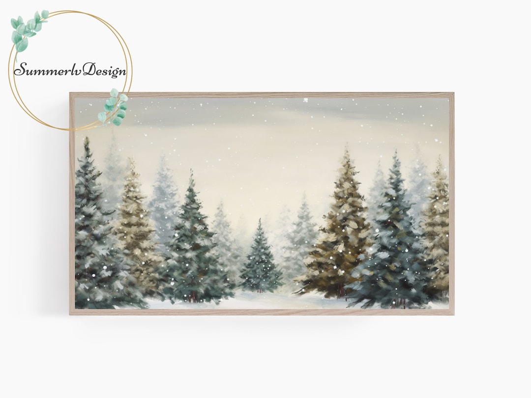 Christmas Frame TV Art, Winter Pine Tree Forest Painting, Christmas ...