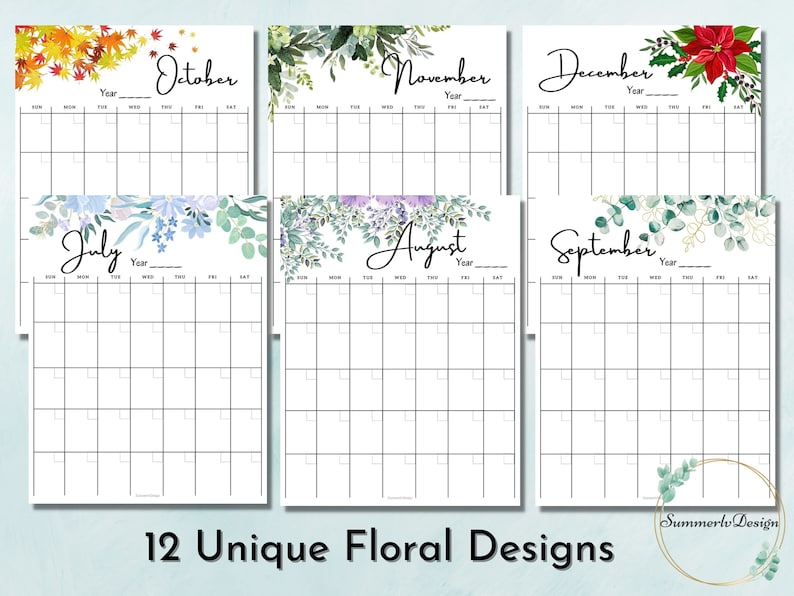 Undated Floral Monthly Planner Printable 2022 Perpetual - Etsy