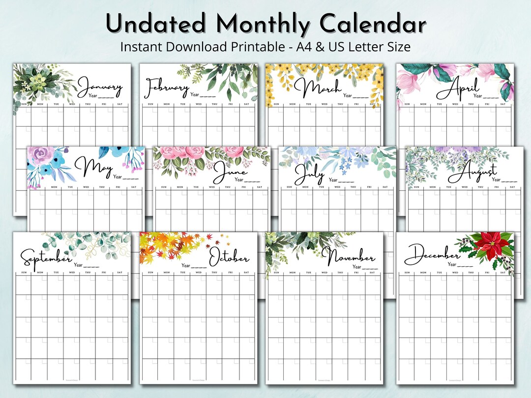 Undated Floral Monthly Planner Printable, Perpetual Calendar, Undated ...